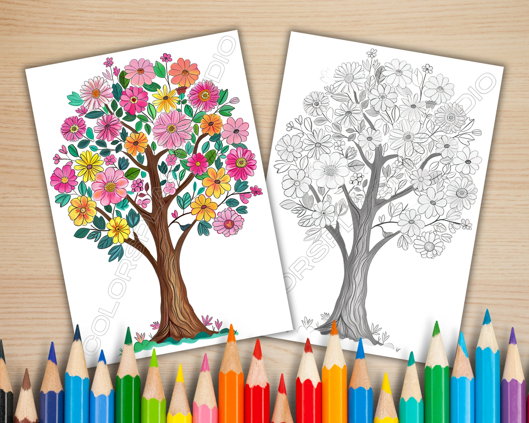 20 Floral Tree Coloring Pages for Kids, Kids Coloring Book, Flower ...