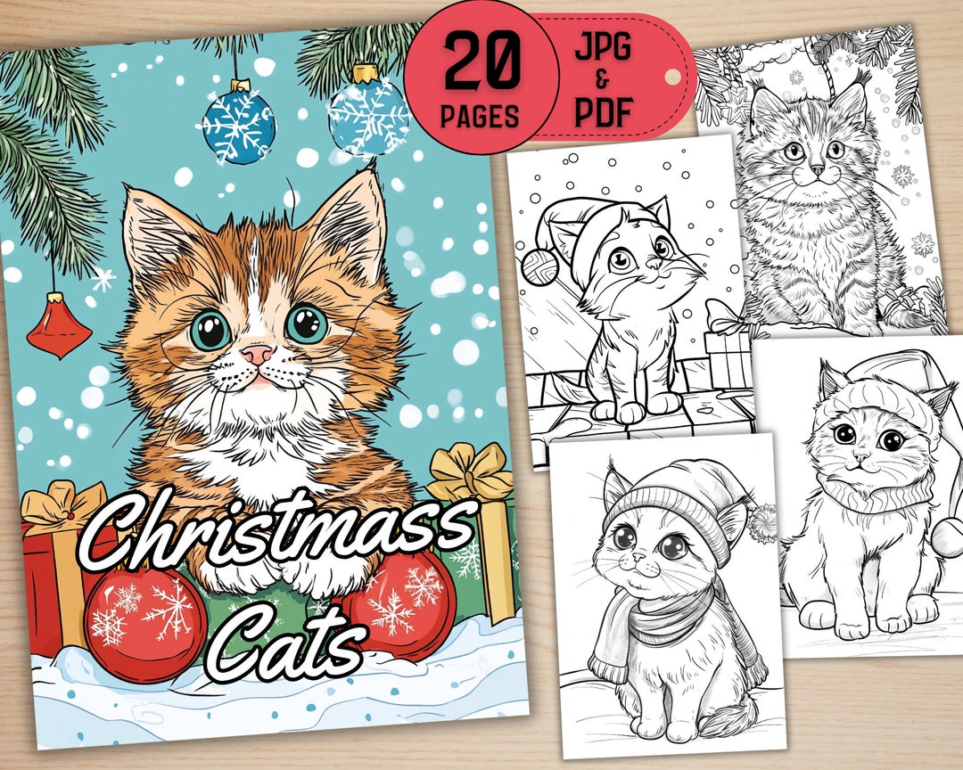 20 Cute Cats at Christmas Coloring Pages for Kids and Adults, Animals ...