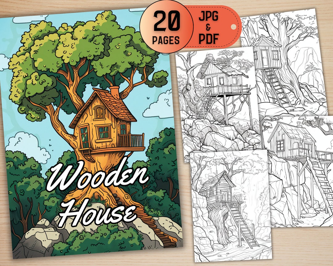 20 Wooden House on a Cliff Coloring Pages for Kids and Adults, Nature ...