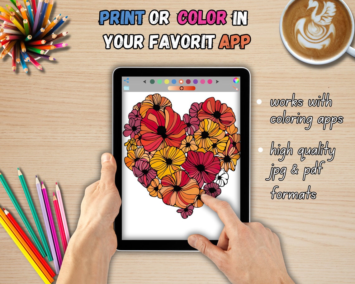 20 Hearth Shaped Flowers Coloring Page for Kids and Adults, Floral ...