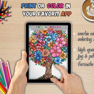 20 Blooming Floral Trees Coloring for Kids and Adults, Flower Coloring ...
