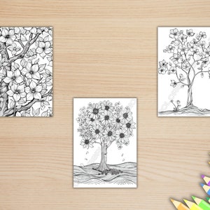 20 Blooming Floral Trees Coloring for Kids and Adults, Flower Coloring ...