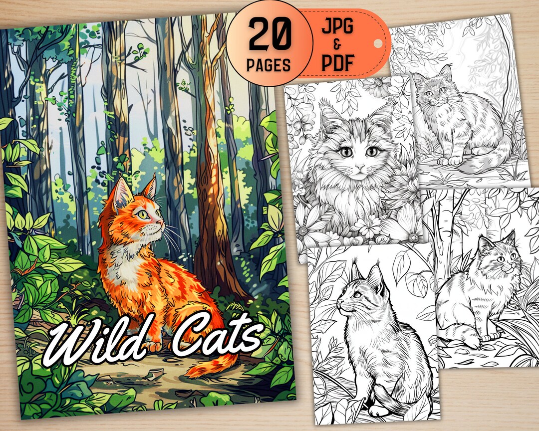 20 Cute Wild Cats in the Forest Coloring for Kids and Adults, Animal ...