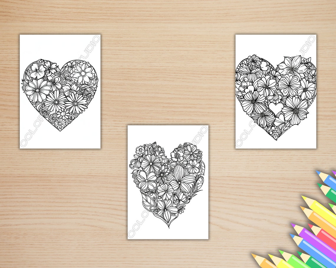 20 Hearth Shaped Flowers Coloring Page for Kids and Adults, Floral ...