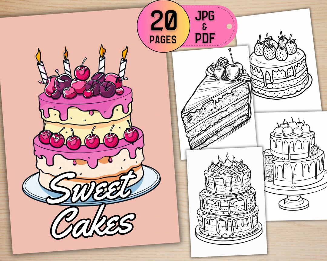 20 Sweet Cakes Coloring Book for Kids and Adults, Food Coloring, Sweets ...