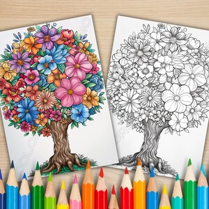 20 Blooming Floral Trees Coloring for Kids and Adults, Flower Coloring ...