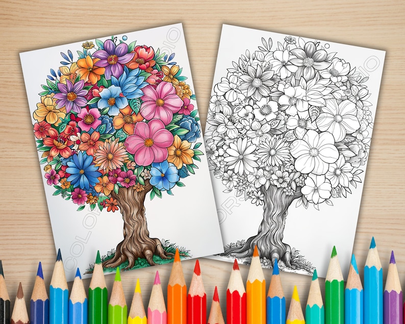 20 Blooming Floral Trees Coloring for Kids and Adults, Flower Coloring ...