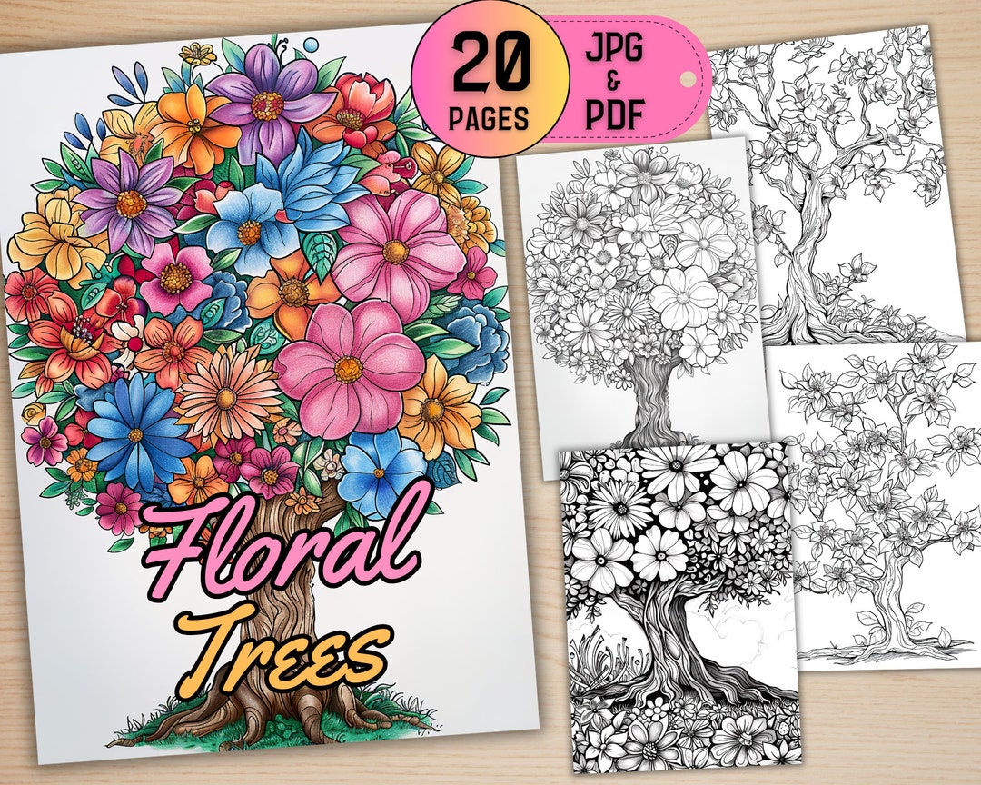 20 Blooming Floral Trees Coloring for Kids and Adults, Flower Coloring ...