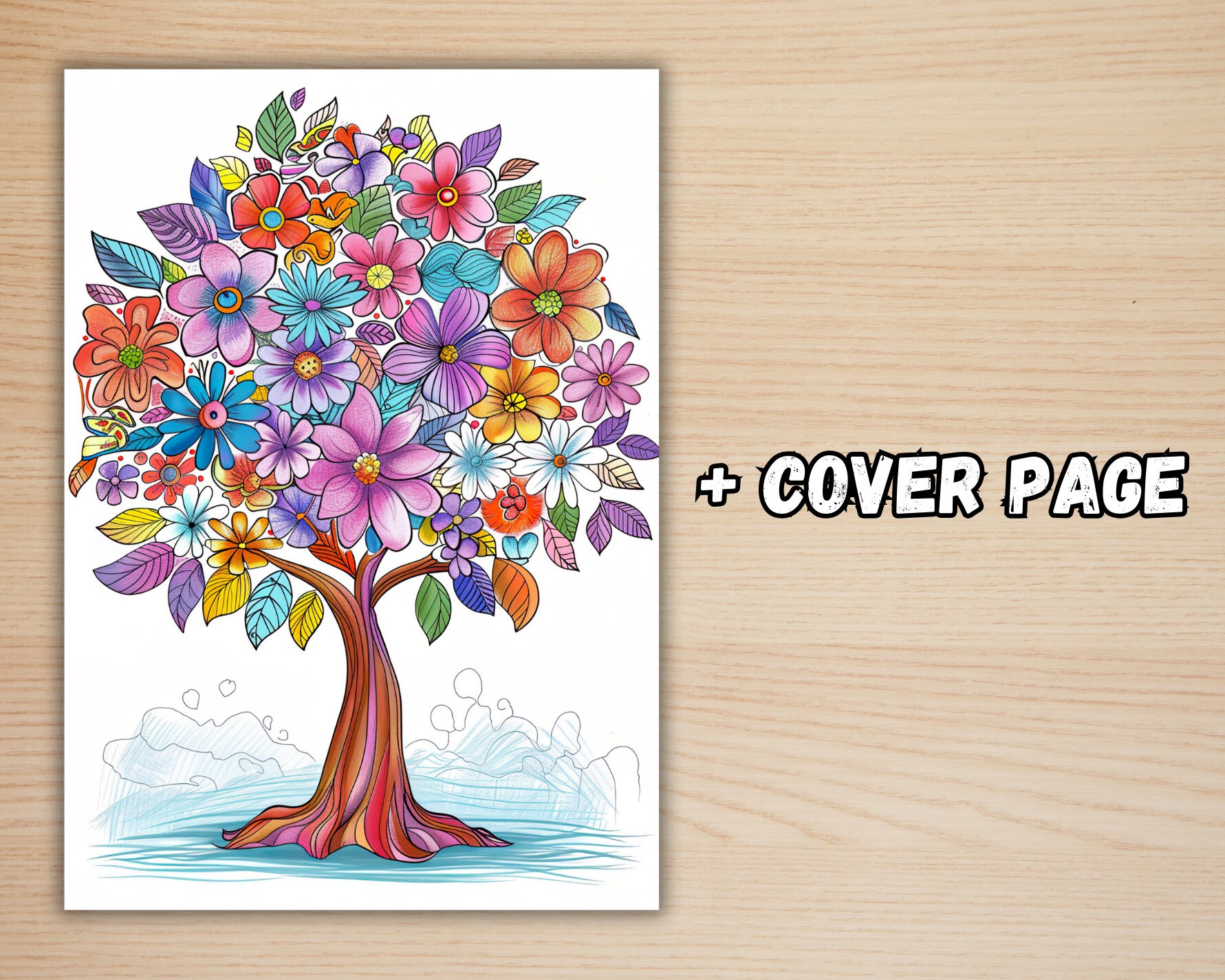 20 Blooming Flower Trees Coloring Book for Kids and Adults, Floral Tree ...