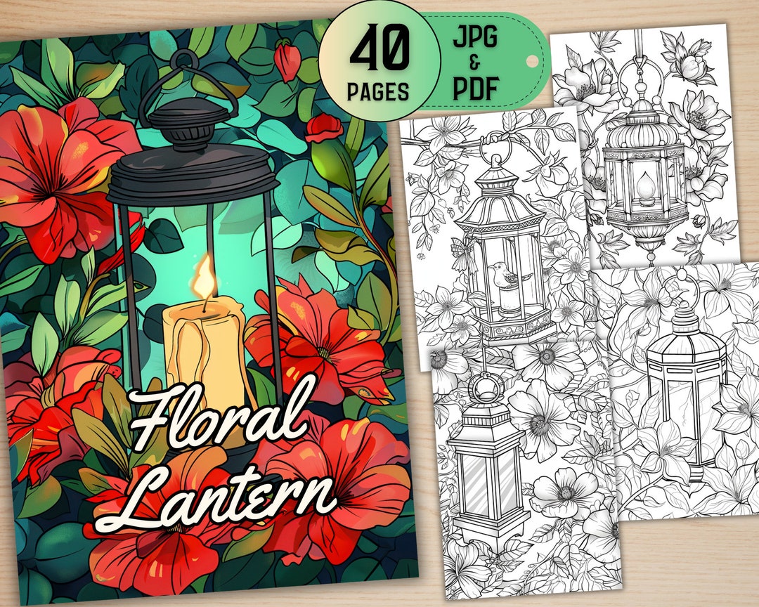 40 Blooming Floral Lantern Coloring Book Bundle, Flower Coloring, Adult ...