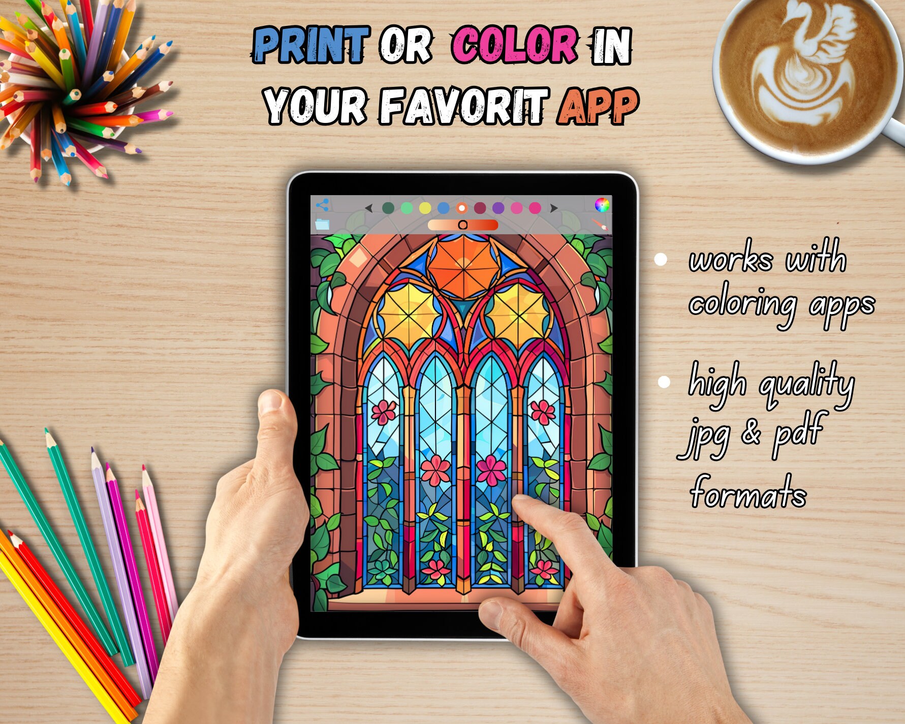 20 Stained Glass Coloring for Kids and Adults, Stained Windows Coloring ...