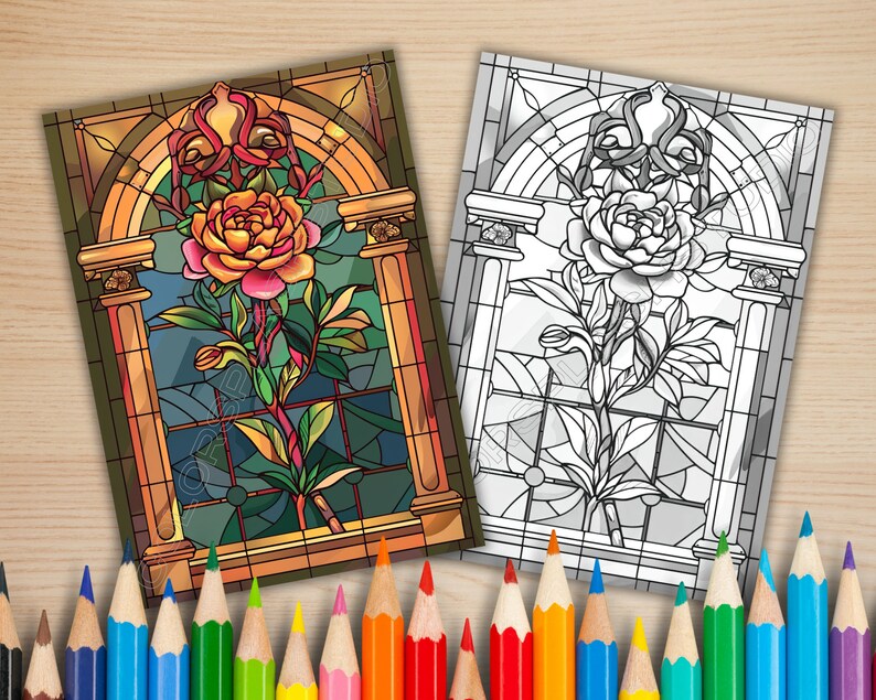 20 Stained Window With Flowers Coloring Pages for Kids and Adults ...