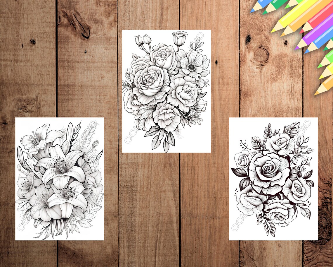 20 Enchanted Bouquet of Flowers Coloring Page, Floral Coloring Book ...