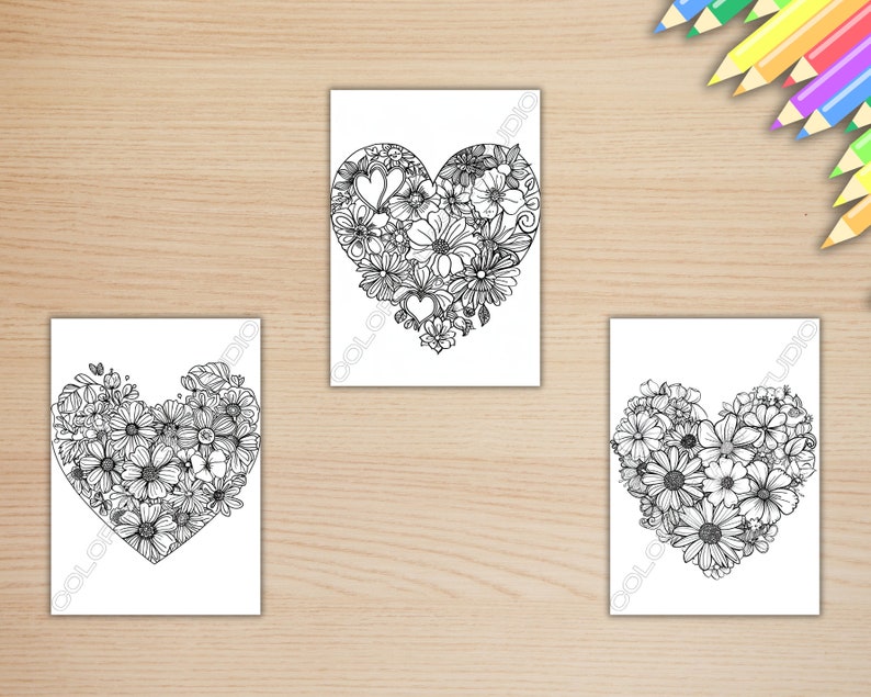 20 Hearth Shaped Flowers Coloring Page for Kids and Adults, Floral ...