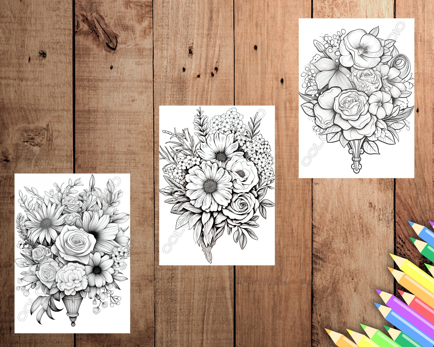 40 Beautiful Bouquet of Flowers Coloring Pages, Adult Coloring, Floral ...