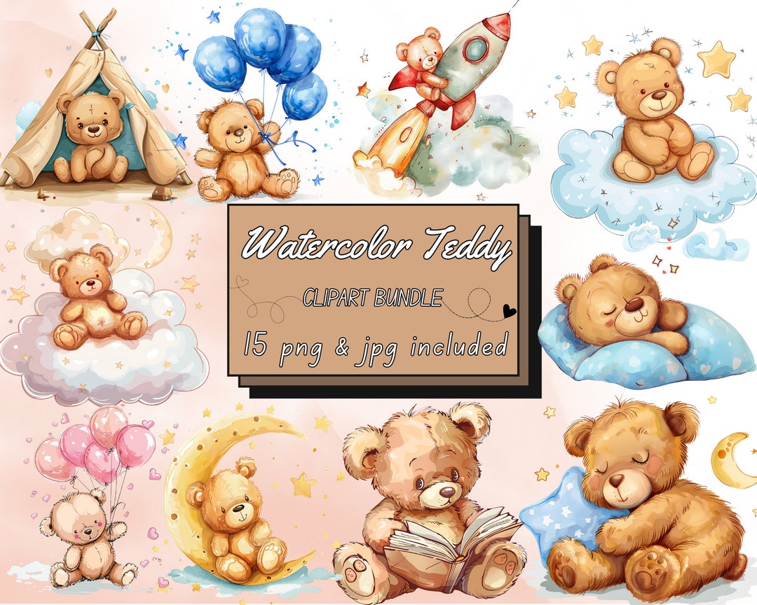 16 Watercolor Teddy Bear Clipart Set, Sleeping Teddy Bears, Cute Teddy ...