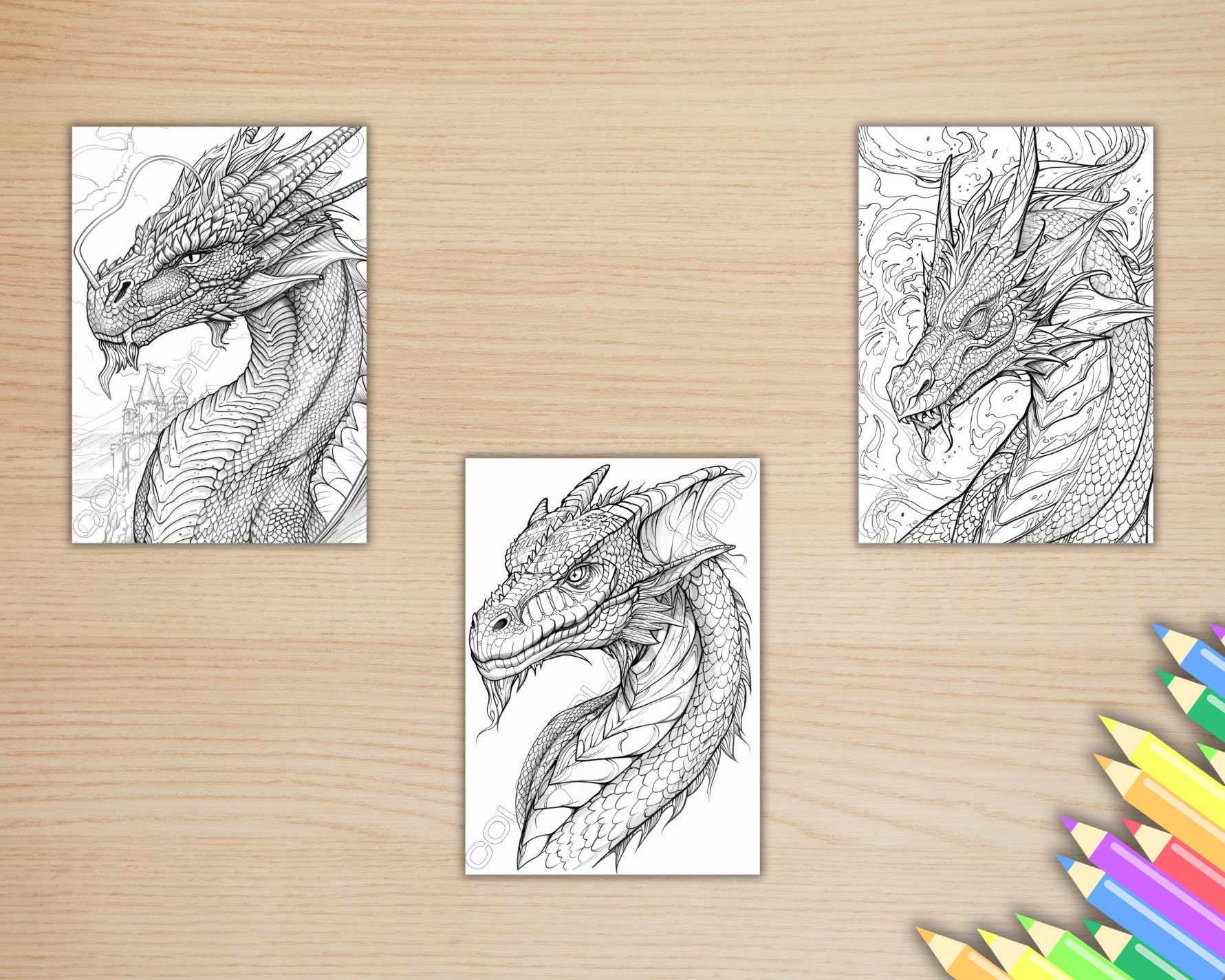 20 Fantasy Dragons Portrait Coloring Pages for Kids and Adults, Fantasy ...