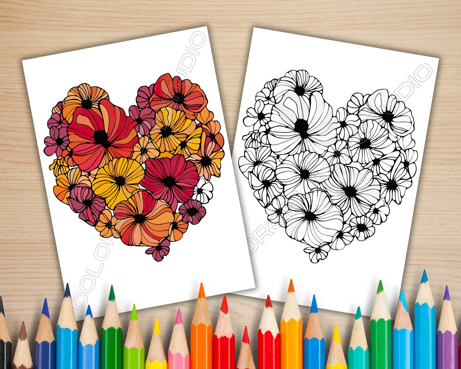 20 Hearth Shaped Flowers Coloring Page for Kids and Adults, Floral ...