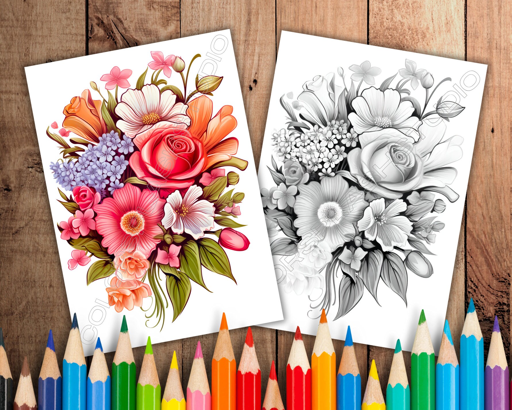 20 Enchanted Bouquet of Flowers Coloring Page, Floral Coloring Book ...