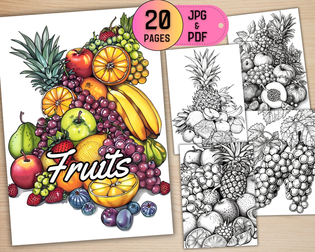 20 Sweet Fruits Coloring Book, Adult Coloring Book, Garden Coloring ...