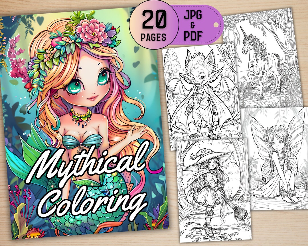20 Enchanted Mythical Creatures Coloring Book for Kids and Adults, Digital Download, Printable ...
