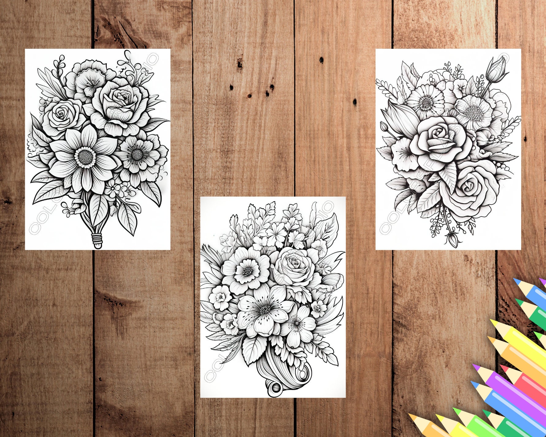 20 Enchanted Bouquet of Flowers Coloring Page, Floral Coloring Book ...