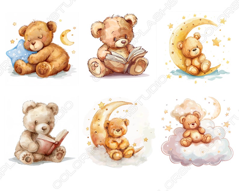 16 Watercolor Teddy Bear Clipart Set, Sleeping Teddy Bears, Cute Teddy ...