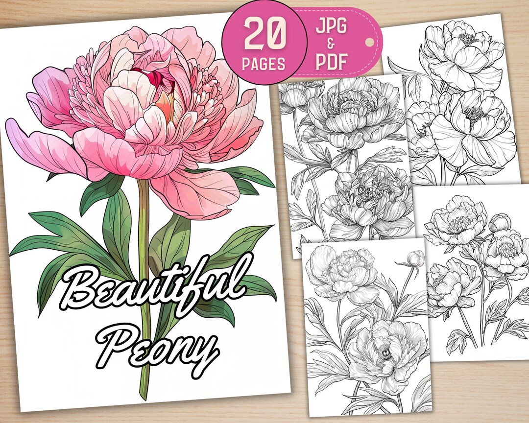 20 Beautiful Peony Flowers Coloring Pages for Kids and Adults, Flower ...