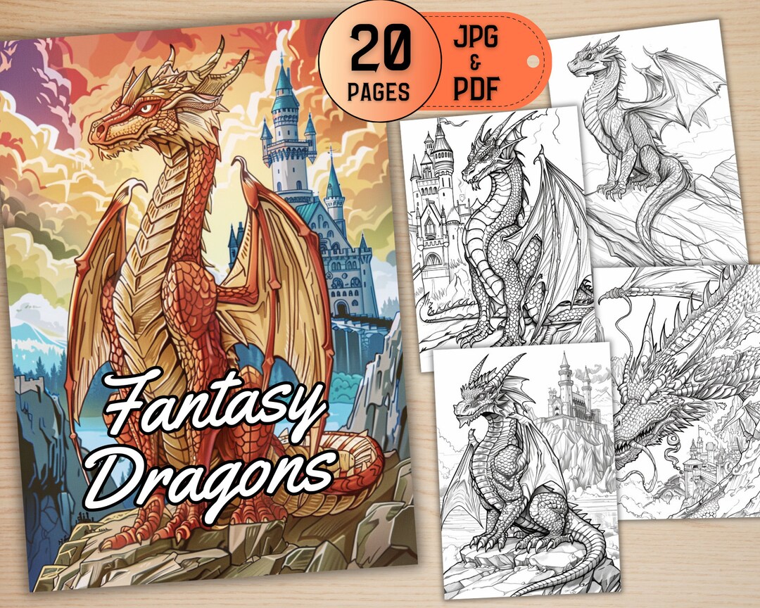 20 Fantasy Dragons Coloring Book for Kids and Adults, Fantasy Coloring ...