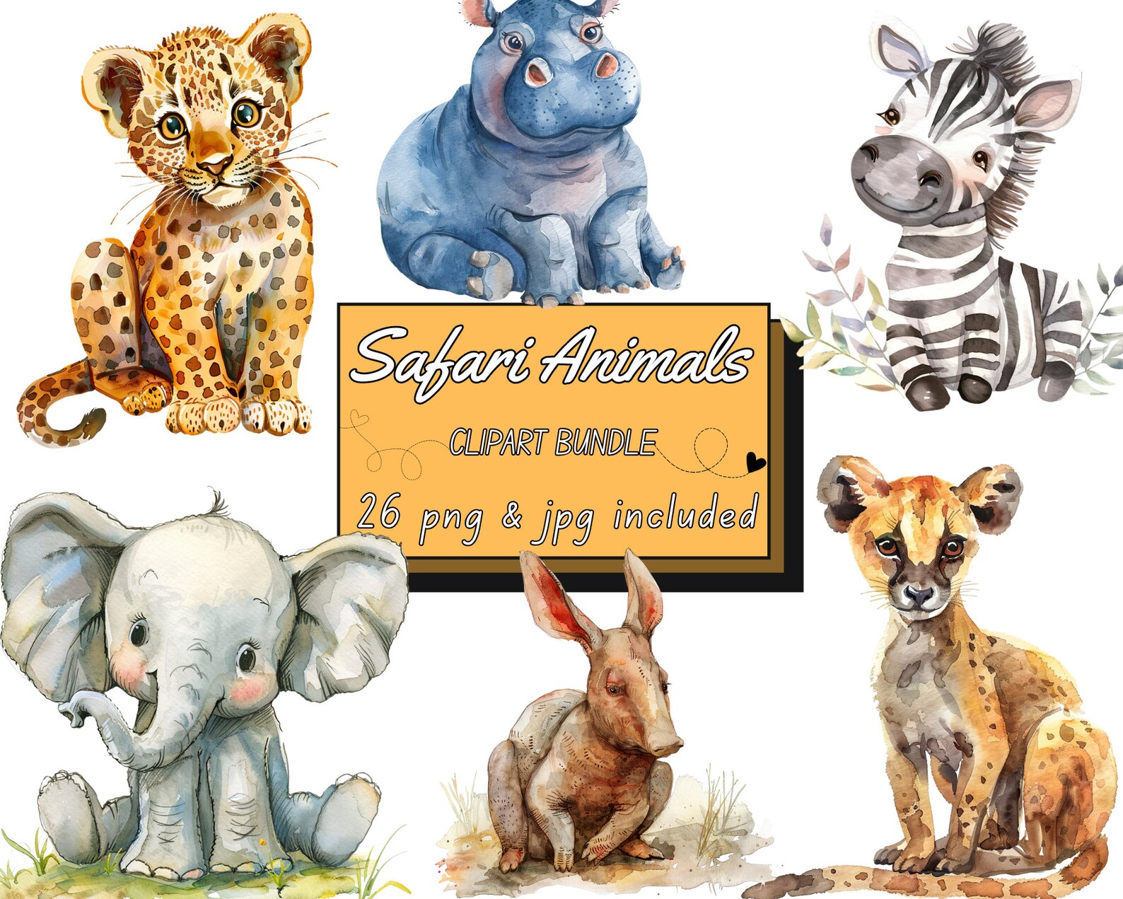 26 Watercolor Safari Animals Clipart, Animal Graphics, Scrapbooking ...