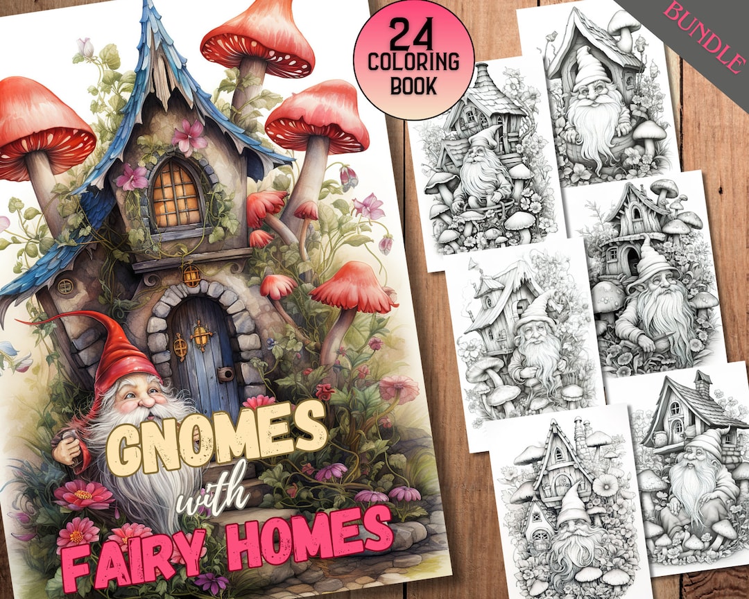 24 Gnome With Fairy Homes Coloring Pages Bundle - Fantasy Coloring ...