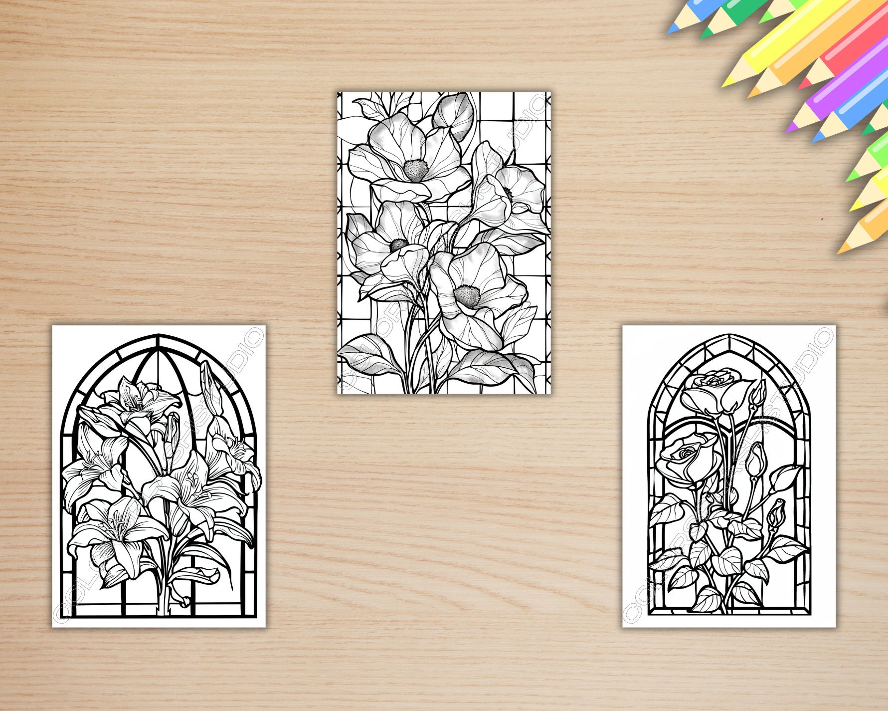 20 Stained Window With Flowers Coloring Pages for Kids and Adults ...