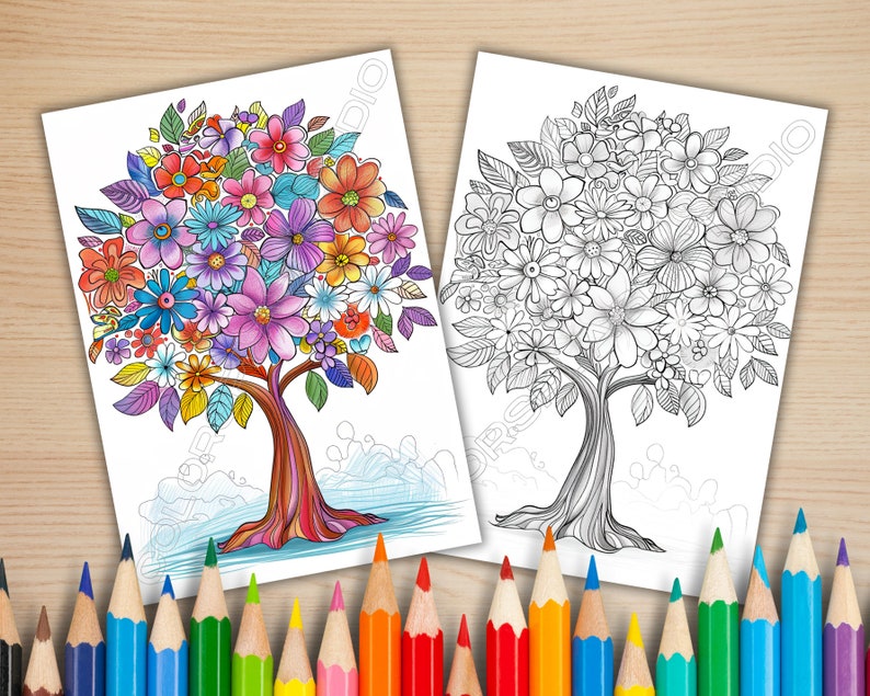 20 Blooming Flower Trees Coloring Book for Kids and Adults, Floral Tree ...