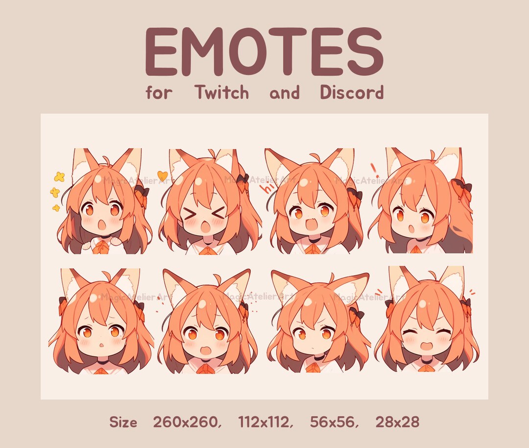 Twitch Emotes Discord Emotes Pack - 8 Cute Orange Anime Fox Girl Emotes ...