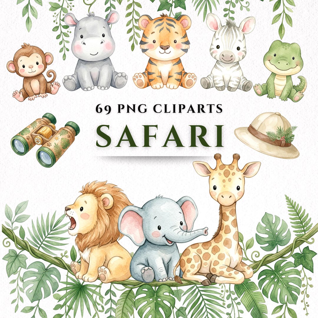 Cute Jungle Animals Clipart Baby Safari Characters Watercolor PNG Set ...