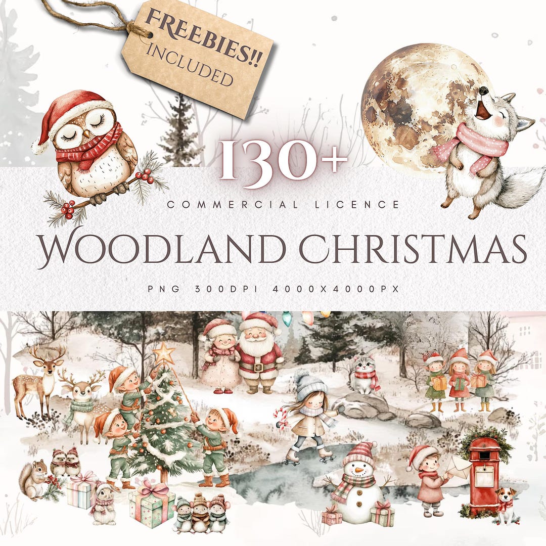 Watercolor Christmas Clipart Bundle: Woodland Animals, Santa (PNG, 300 ...