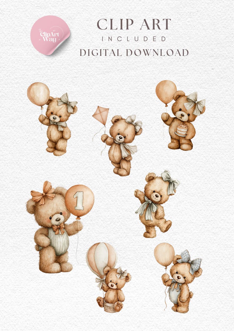 Boho Teddy Bear Watercolor Clipart Bundle PNG, Baby Shower Woodland ...