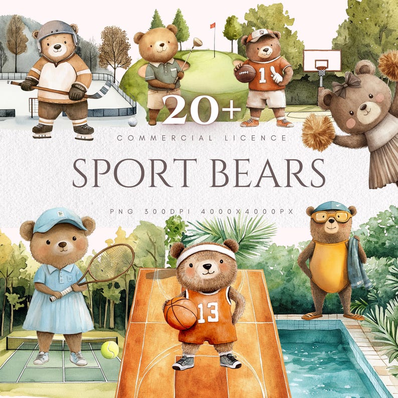 Watercolor Sports Bear Clipart Bundle: Basketball, Soccer, and More ...