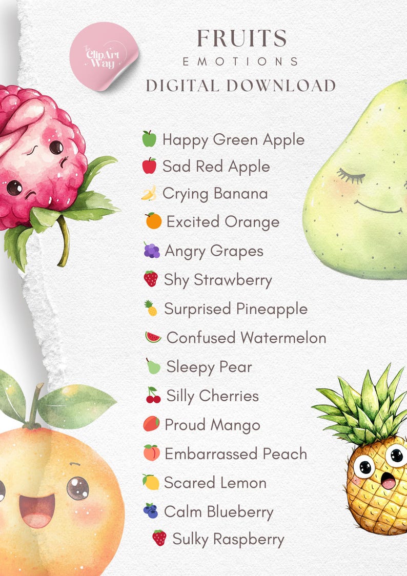 Kawaii Watercolor Fruit Emotions Clipart Bundle, Teacher Resources ...