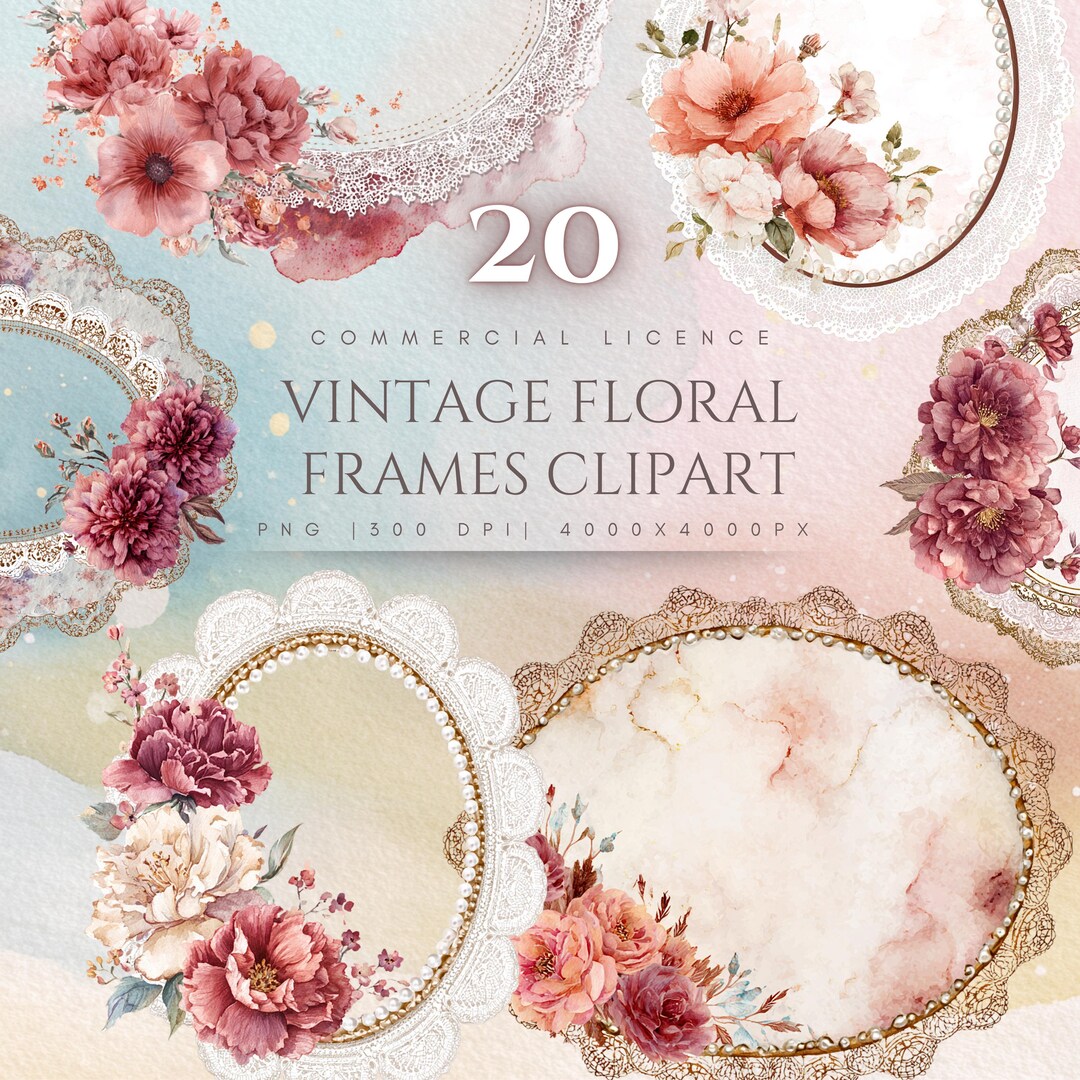 Vintage Floral Frames Clipart Bundle, Antique Flower Frame PNG ...