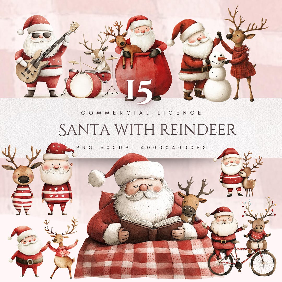 Watercolor Santa and Reindeer Clipart Bundle (PNG) - Etsy