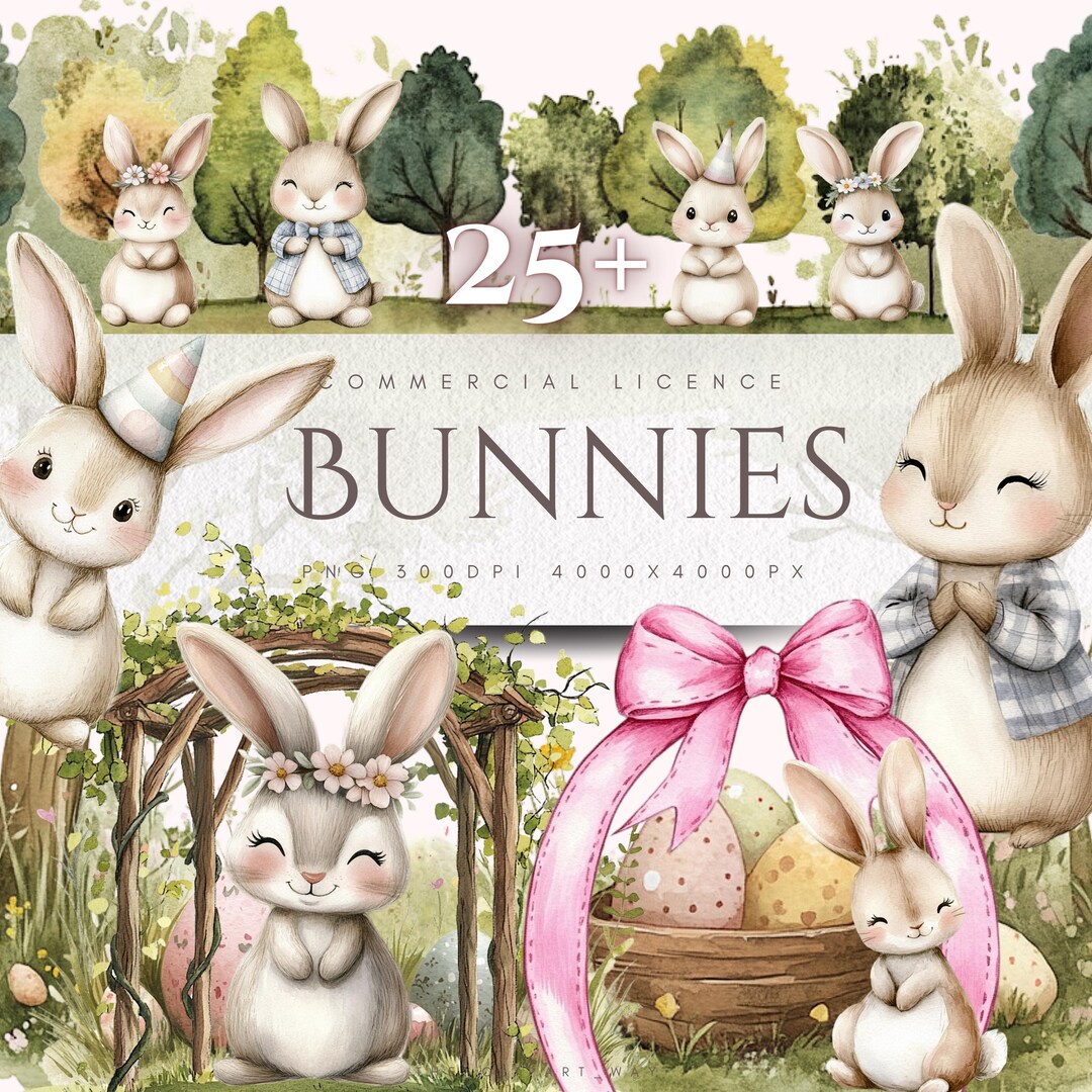 Watercolor Bunny Clipart Bundle: Spring Card Making (digital Download ...