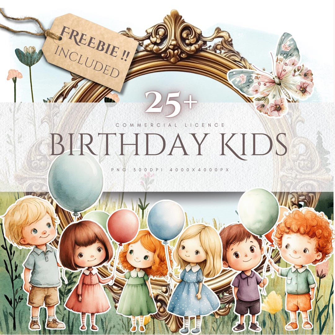 Watercolor Birthday Kids Clipart Bundle: Party Invitation Graphics ...