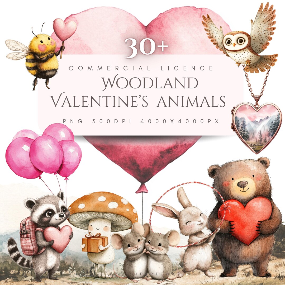 Valentine Woodland Animals Clipart: Love-themed PNG (digital Download ...