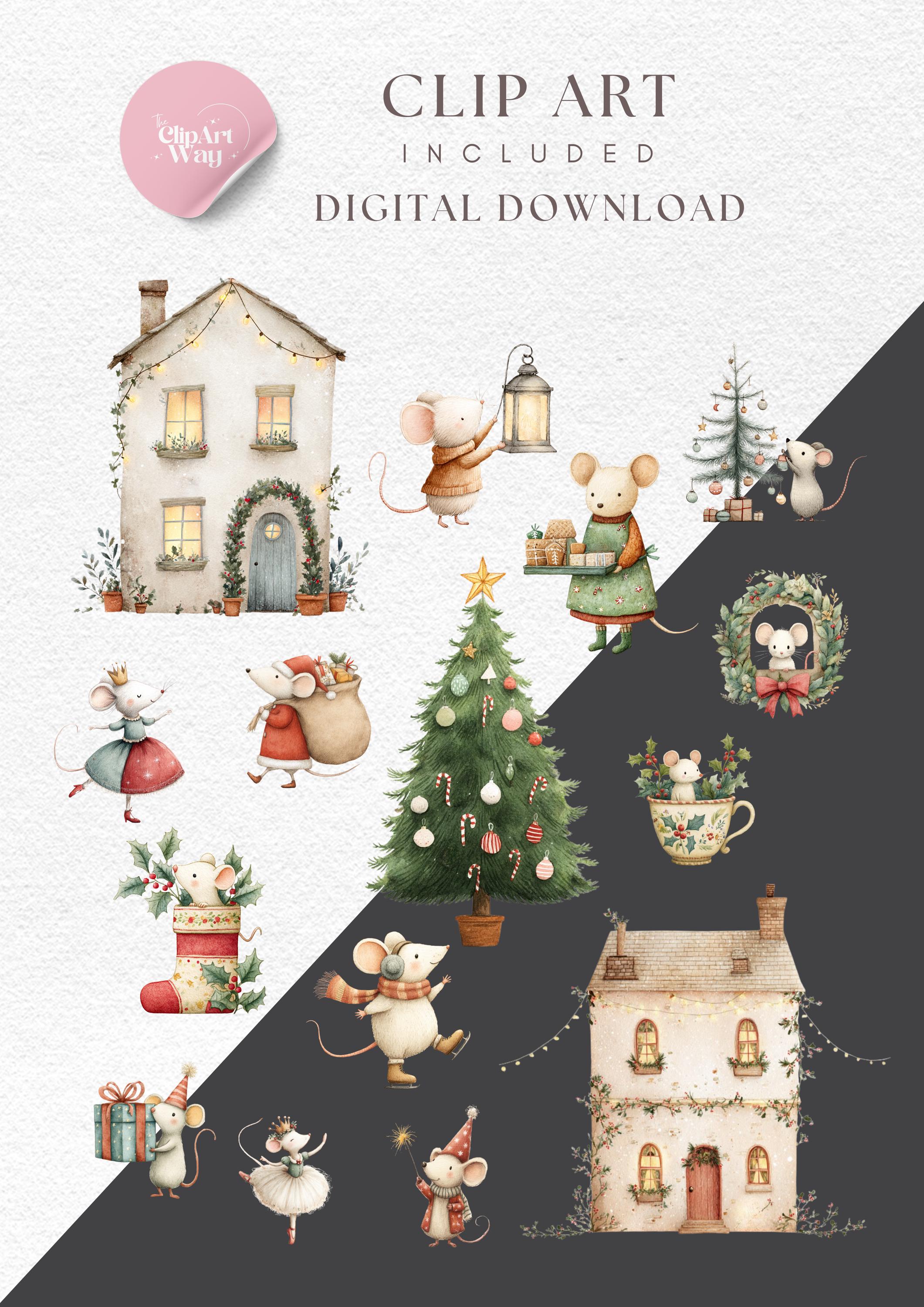 Watercolor Christmas Mouse Clipart Bundle: Holiday Pngs (digital ...