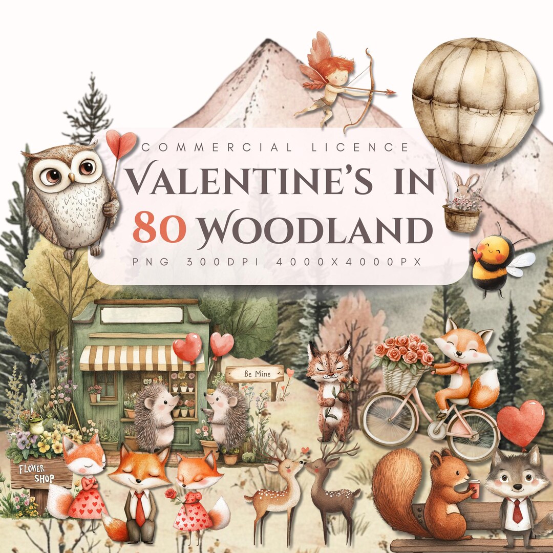 Valentine Woodland Clipart Collection 80 Watercolor Animals Scenes and ...