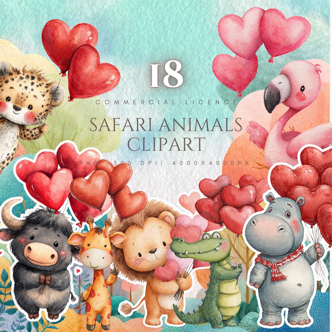 Watercolor Valentine Safari Animals With Balloons PNG Clipart - Etsy