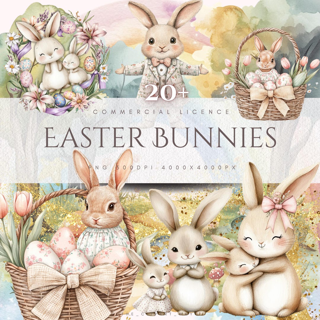 Watercolor Easter Bunny Clipart Bundle: Spring PNG Graphics (digital ...