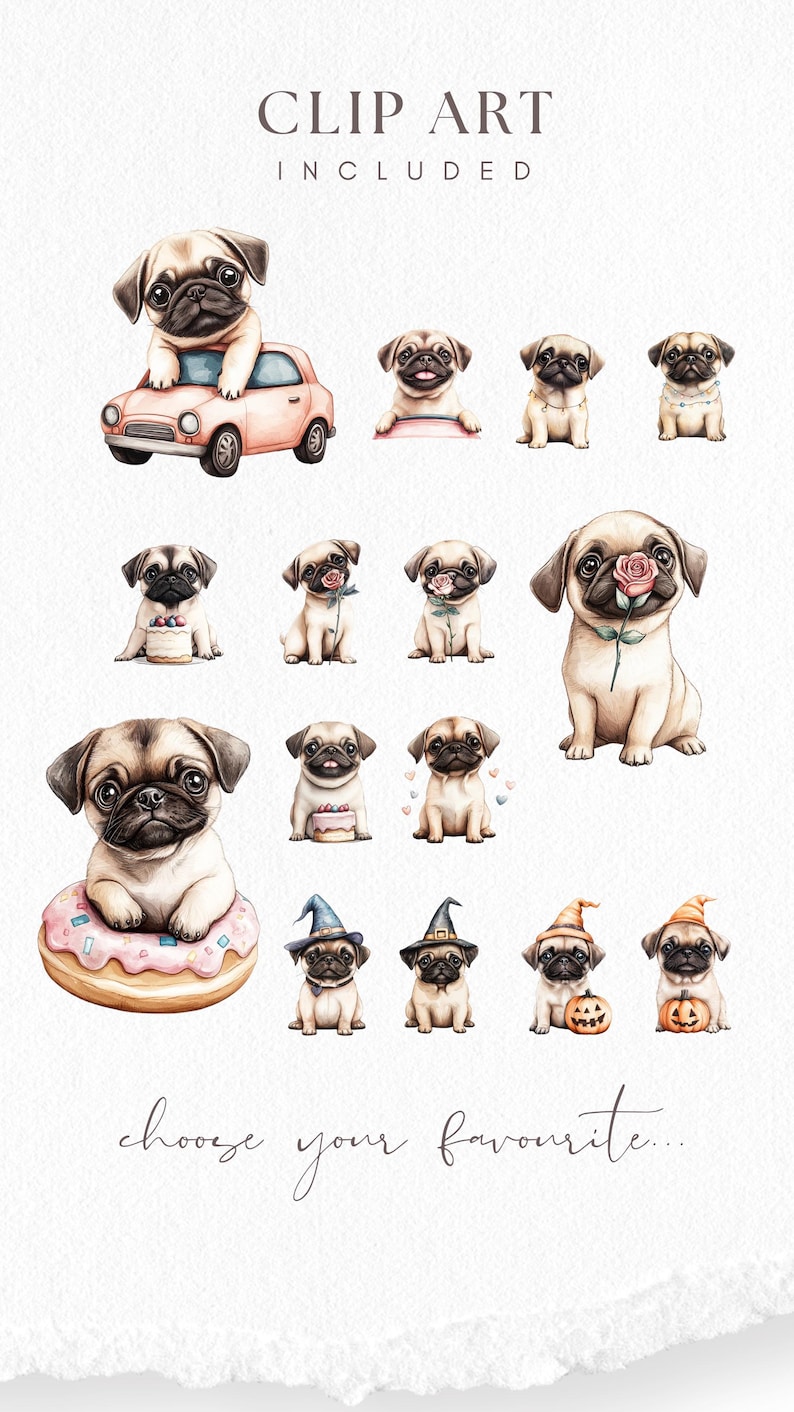 Cute Pug Breed Dog Clipart Bundle PNG Pug Puppy Lover Illustration Clip ...