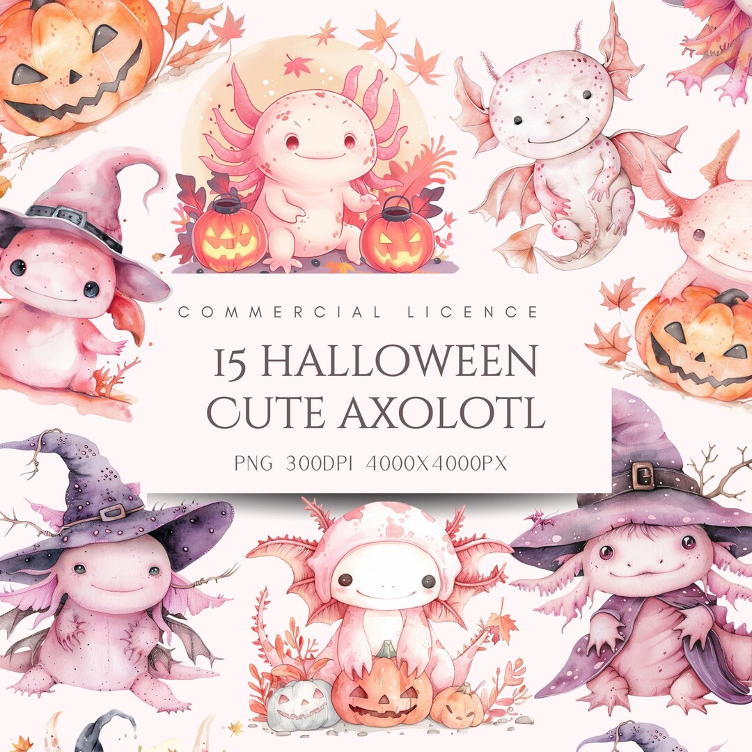 Cute Pastel Pink Halloween Axolotl Clipart Bundle for Girls Room Decor ...